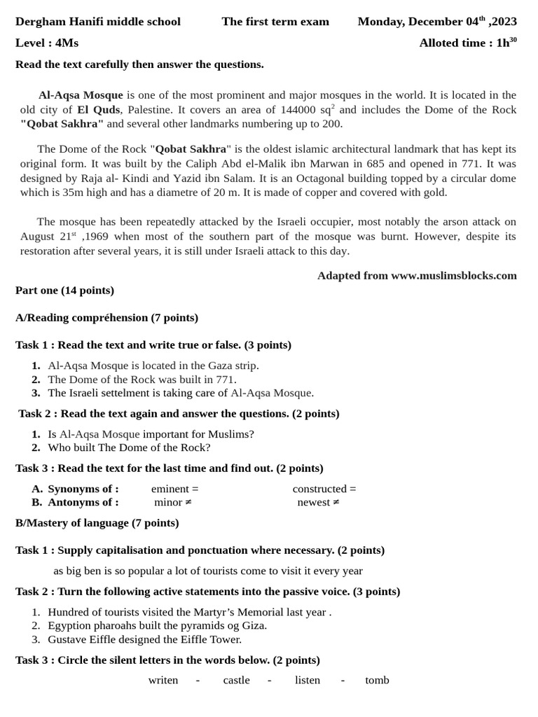 4 Ms The First Term Exam | PDF | Al Aqsa Mosque | Mosque