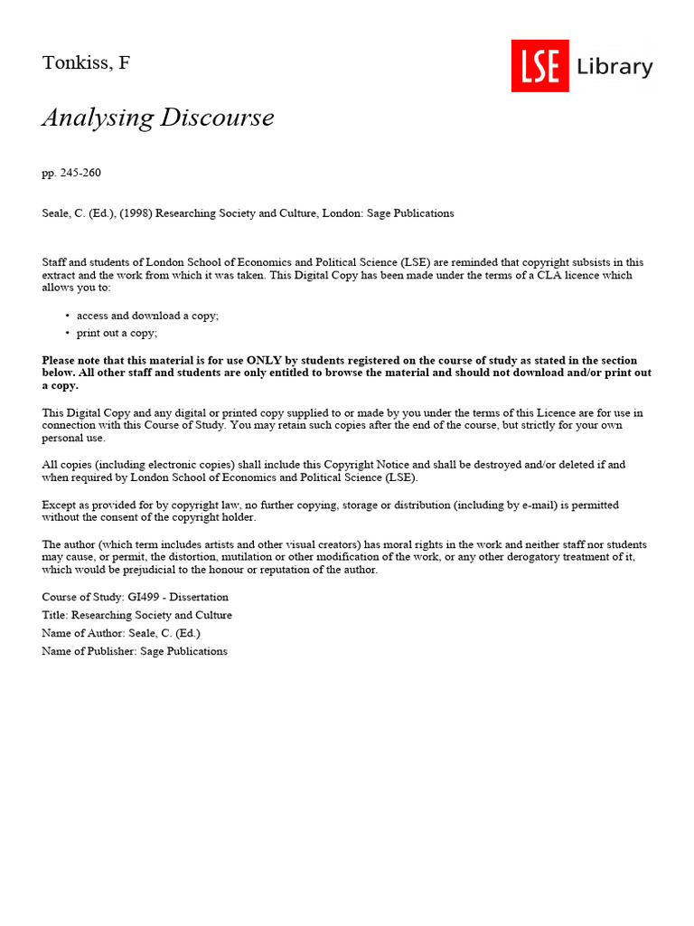 Tonkiss - Analysing Discourse | PDF