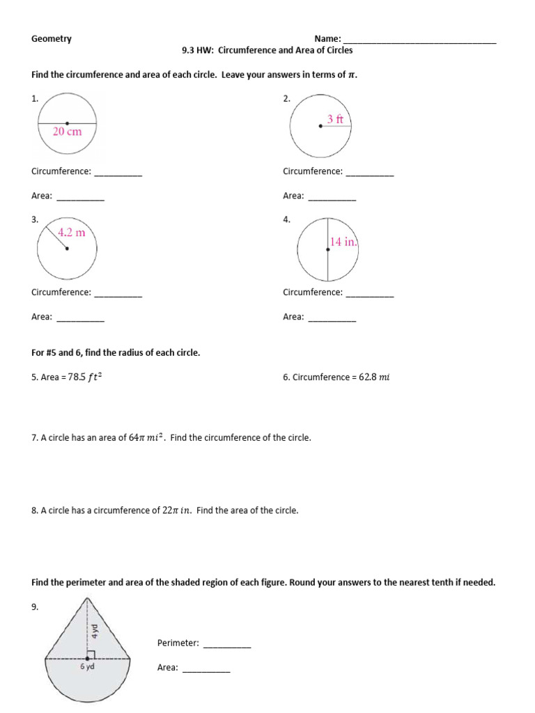 Circle Circumference and Area Homework | PDF