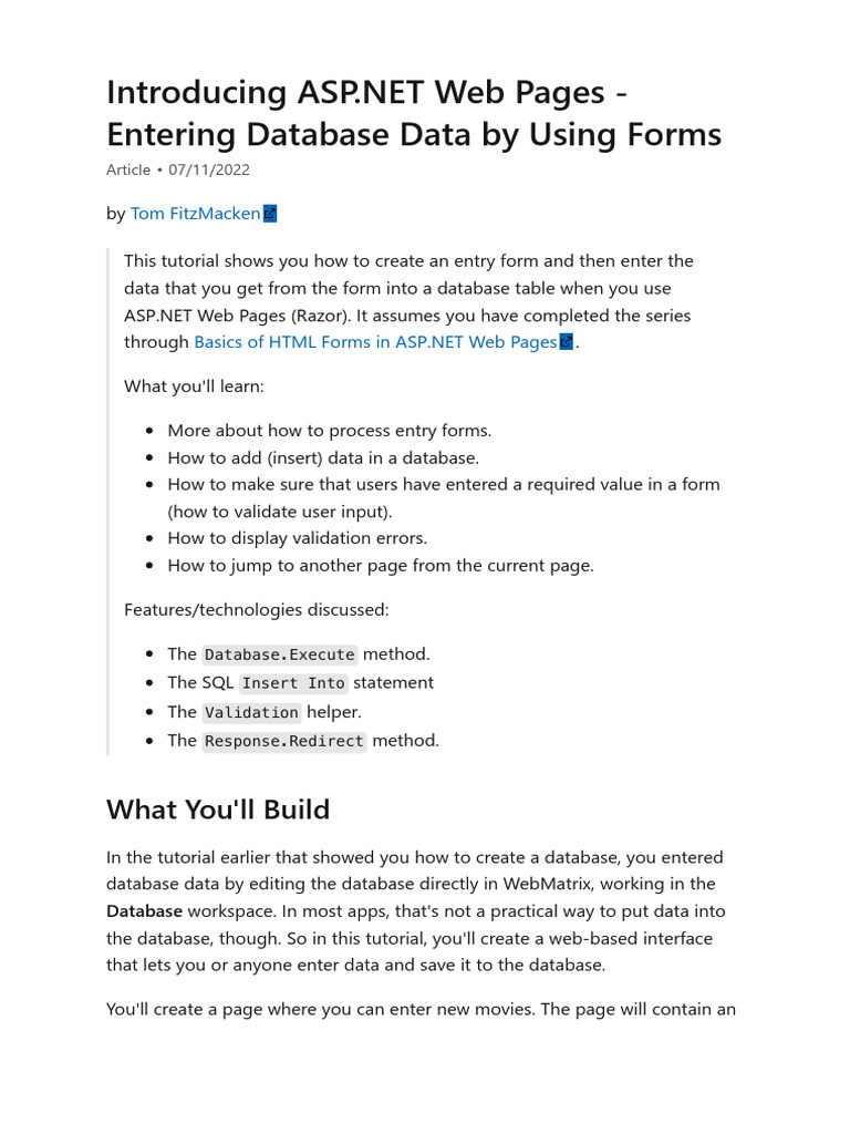 Introducing ASP.NET Web Pages - Entering Database Data by Using Forms | Microsoft Learn | PDF ...