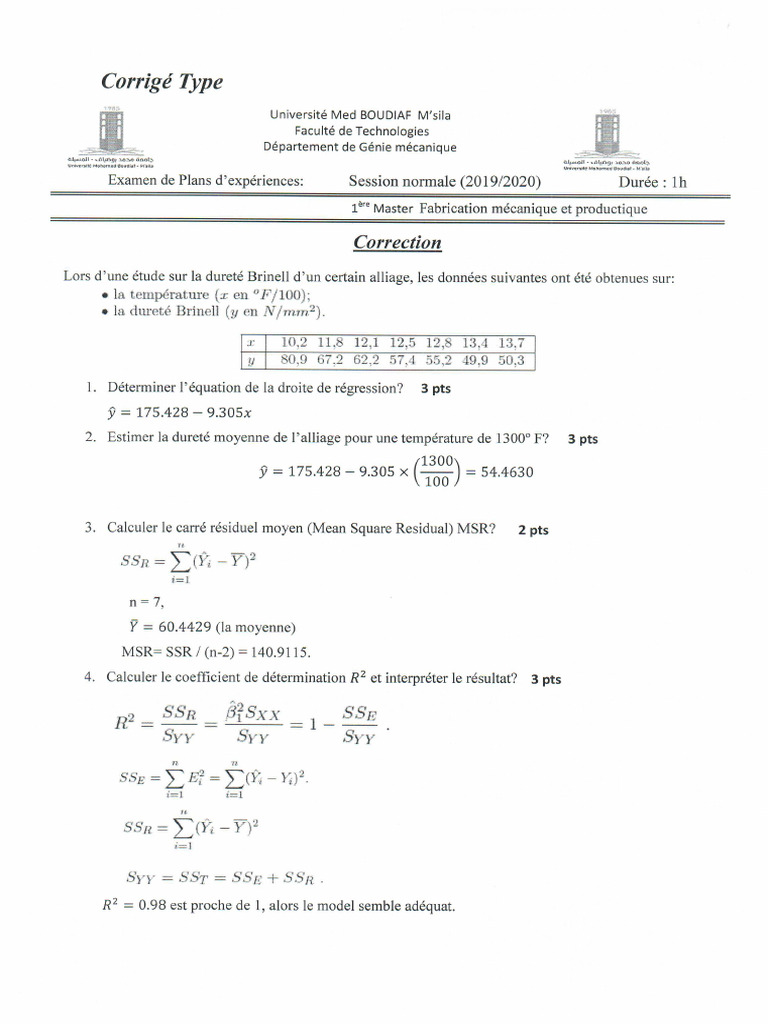 Examen Corrigé Plans D'experiences, Univ M'sila 2020 | PDF
