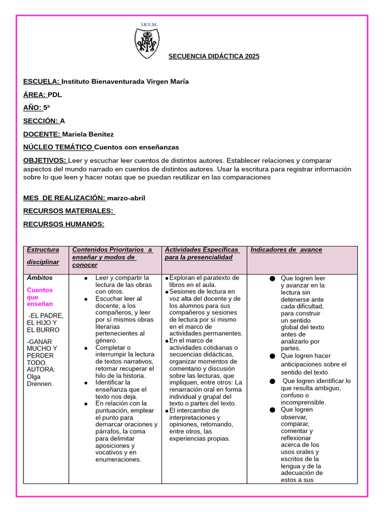 Cuentos Con Enseñanza Secuencia Didáctica Cuadro Pdf Aprendizaje