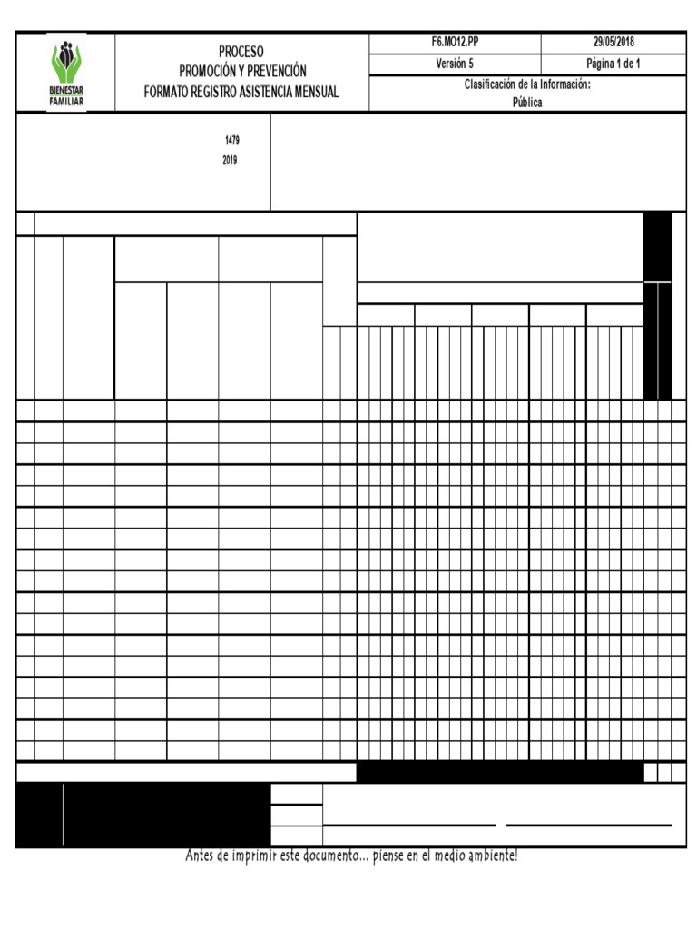 Formato Registro de Asistencia Mensual v5 - 2019 | PDF