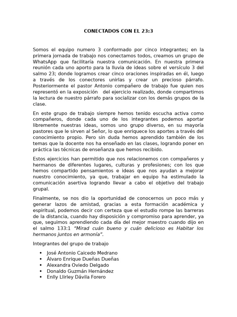 Trabajo en equipo inspirado en Salmo 23:3 | PDF