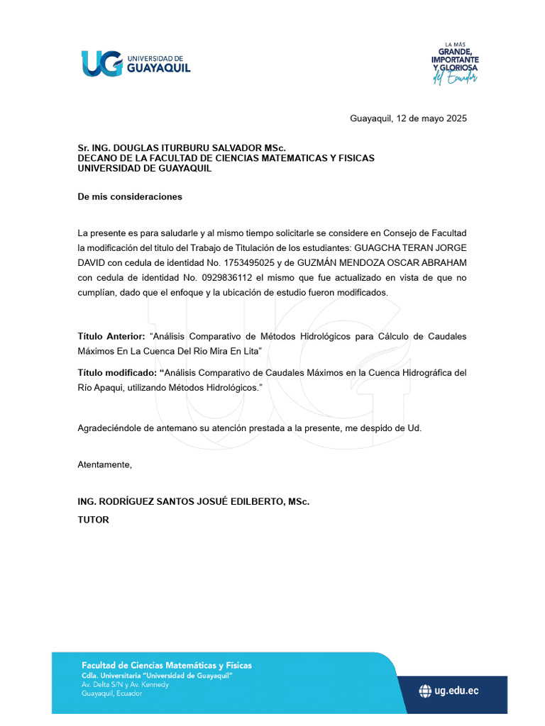 Carta de solicitud cambio de título titulación Guagcha - Guzmán | PDF