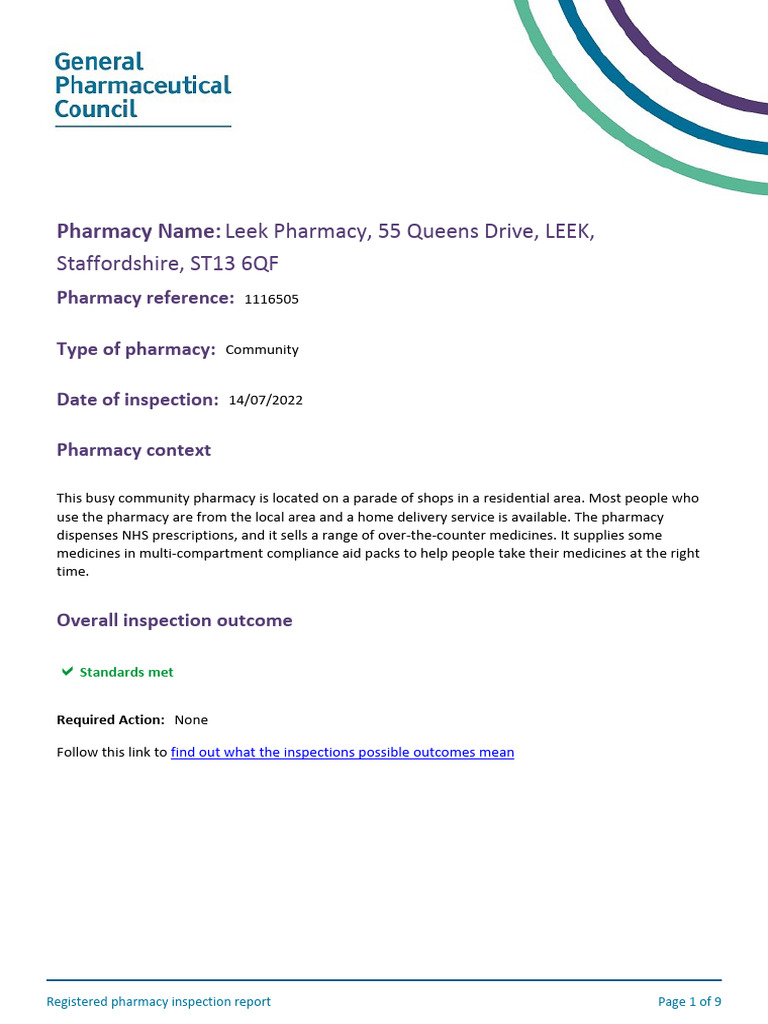 Leek Pharmacy Inspection Report 2022 | PDF | Pharmacy | Pharmacist