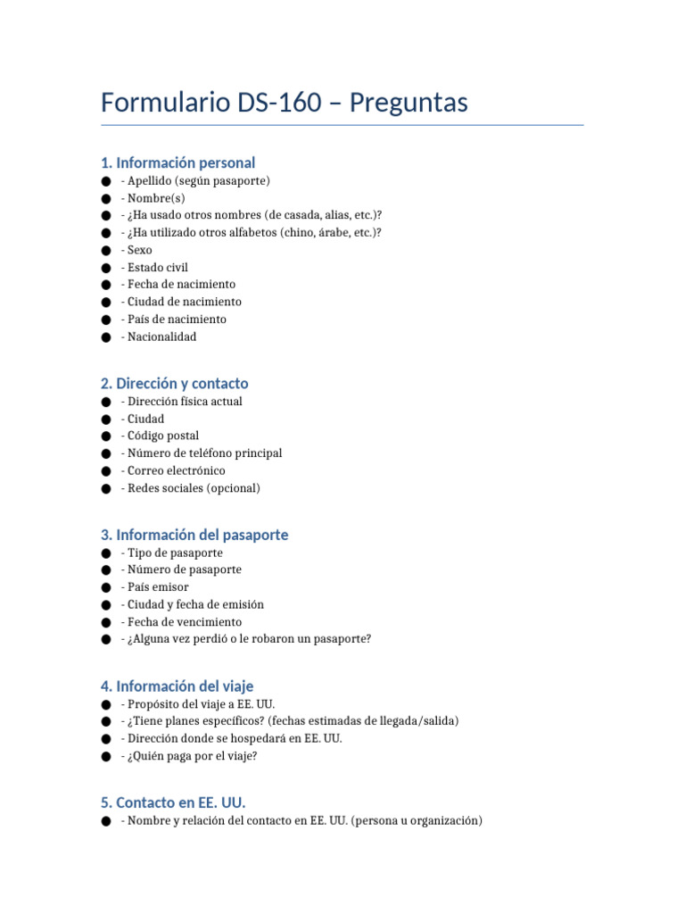 DS-160_Preguntas_Completas | PDF | Visa de viaje