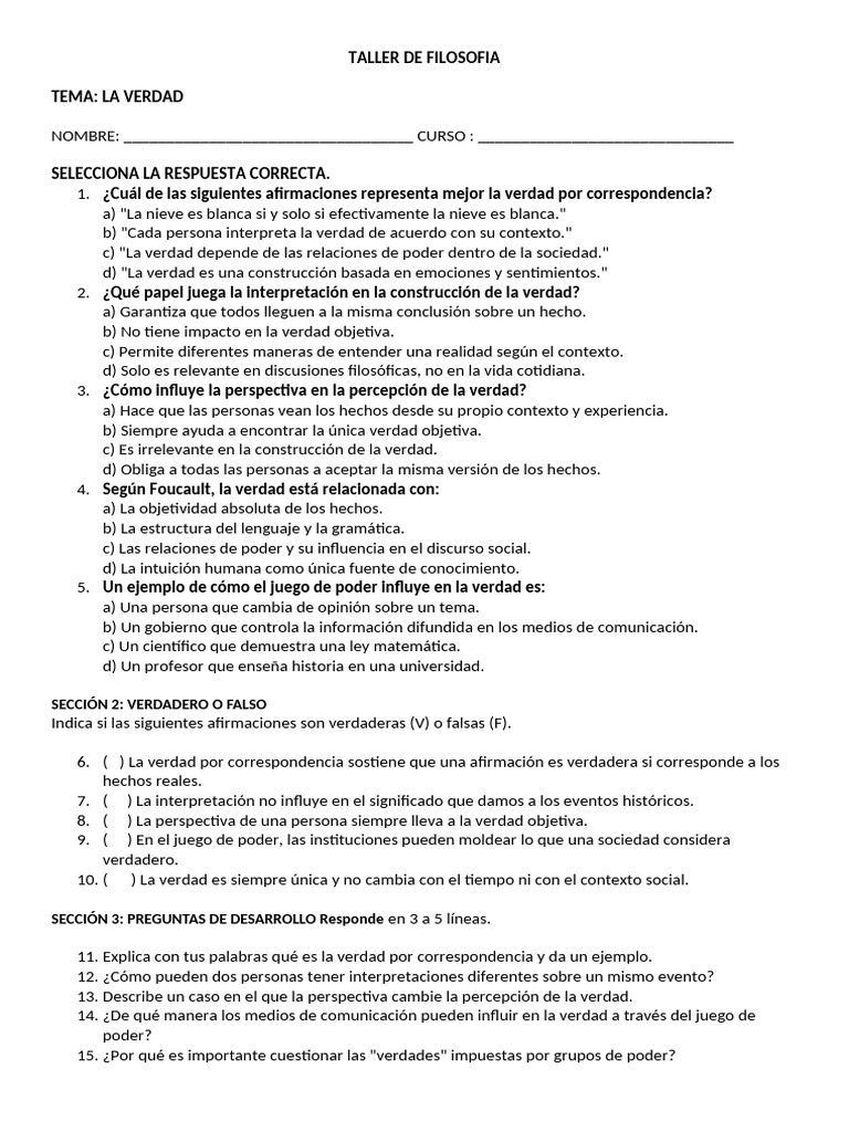 TALLER DE FILOSOFIA LA VERDAD | PDF | Verdad | Discurso