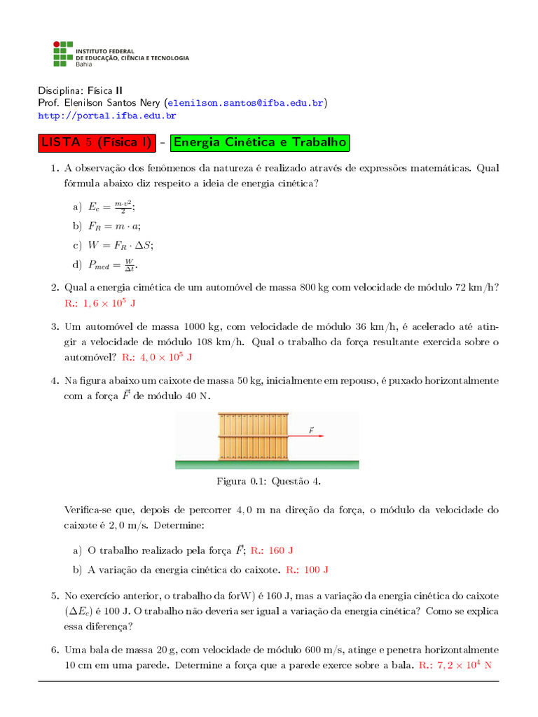 Lista 5 (F-Sica I) - Energia Cin-Tica e Trabalho | PDF | Massa | Atrito