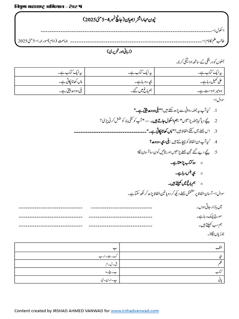 Class 2 5th May Test by Irshad Vanwad | PDF