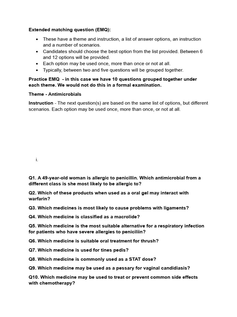 Antimicrobial and API EMQ Practice Questions | PDF | Candidiasis ...