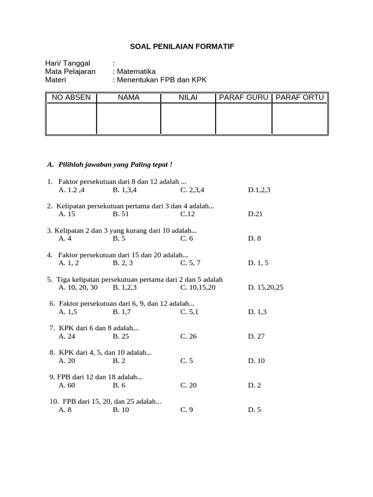 Soal Penilaian Formatif MTK FPB KPK Kls 5 | PDF
