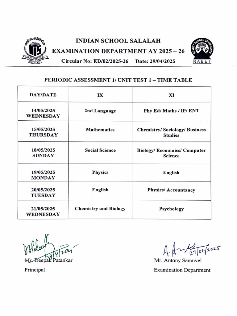 PA 1 and UT 1 Time Table Classes 9 and 11 AY 2025 26 1 | PDF