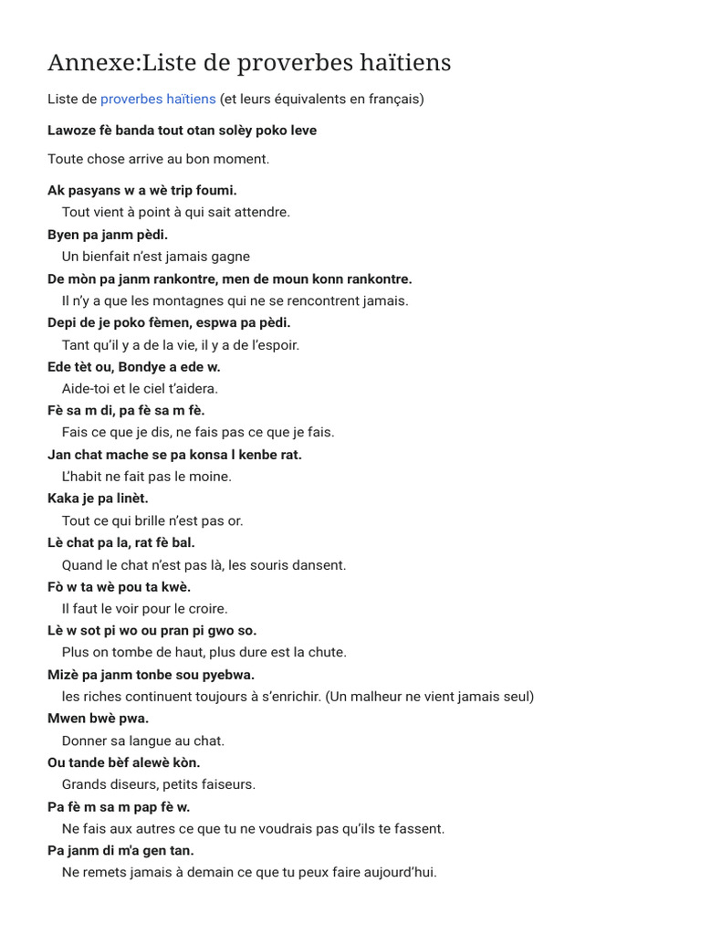 Proverbes haïtiens et leurs significations | PDF | Animaux et humains ...