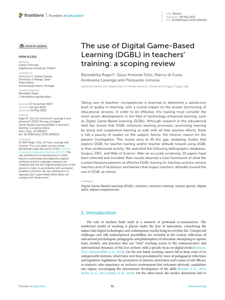 The Use Of Digital Game Based Learning Dgbl In Teachers Training A Scoping Review Pdf