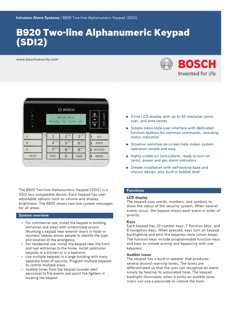 Bosch B920 Keypad Overview | PDF