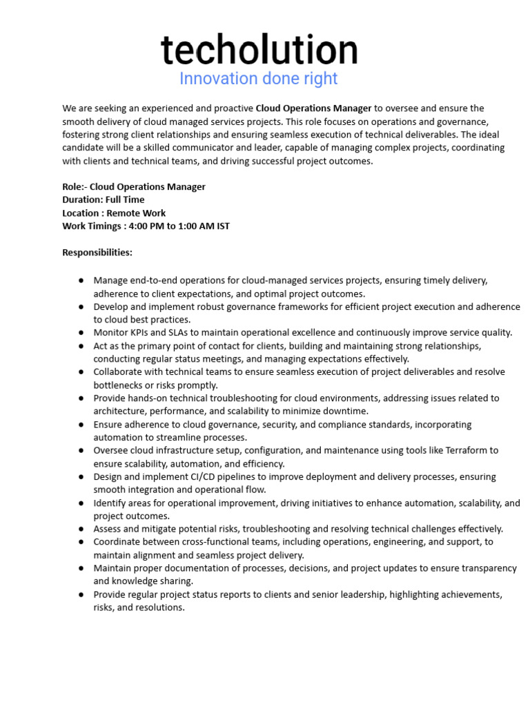 Cloud Operations Manager - Job Description - Techolution | PDF | Artificial Intelligence ...
