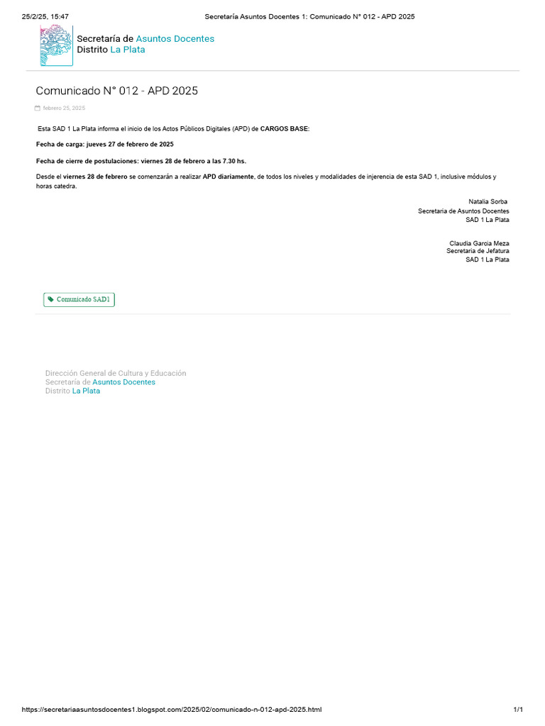 Comunicado #012 - APD 2025 | PDF