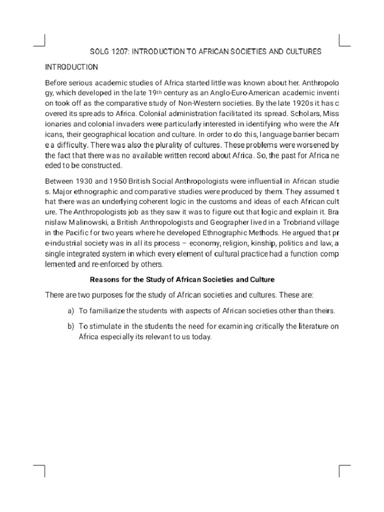 LECTURE NOTES INTRODUCTION TO AFRICAN SOCIETIES | PDF