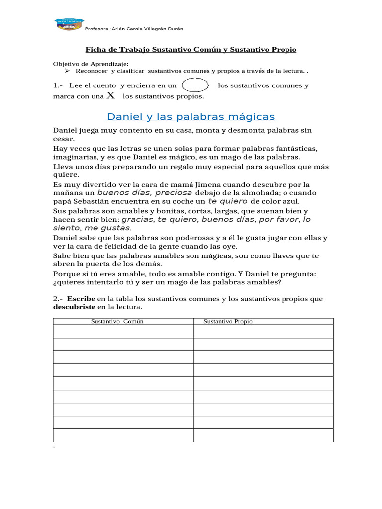 Ficha de Trabajo Sustantivo Comun y Sustantivos Propio | PDF
