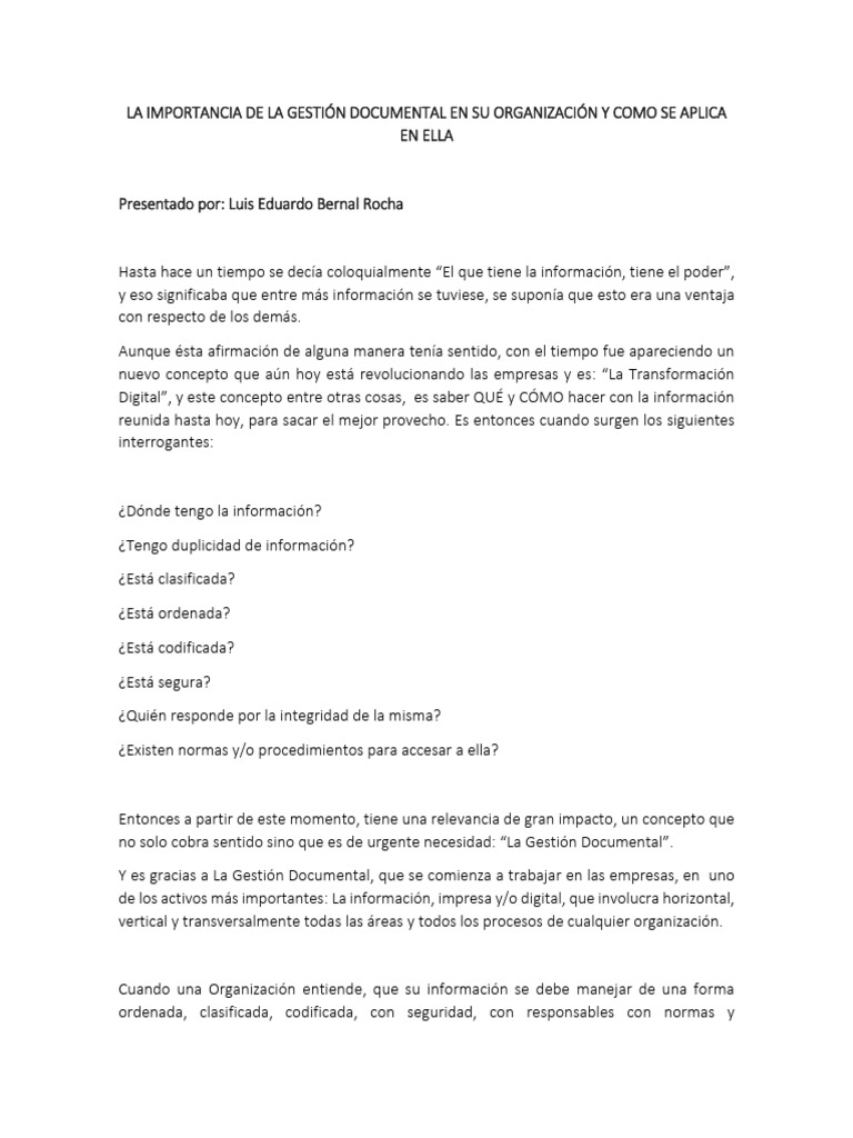 Tarea Unidad 1 - LA IMPORTANCIA DE LA GESTIÓN DOCUMENTAL | PDF | Gestión de registros | Información