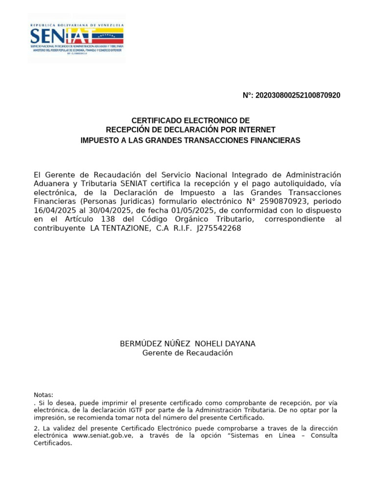 Certificado IGTF Recepción Electrónica | PDF
