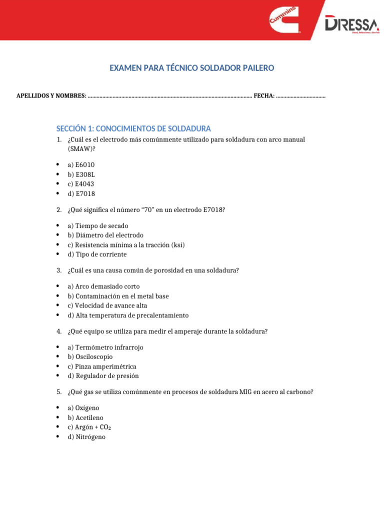 Examen Tecnico Soldador Pailero | PDF | Soldadura | Construcción