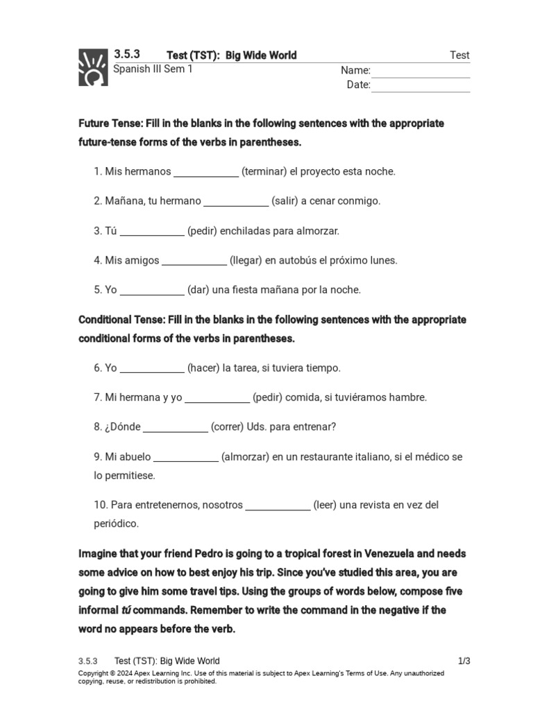 Spanish III Test: Commands & Tenses | PDF | Linguistic Typology | Syntax