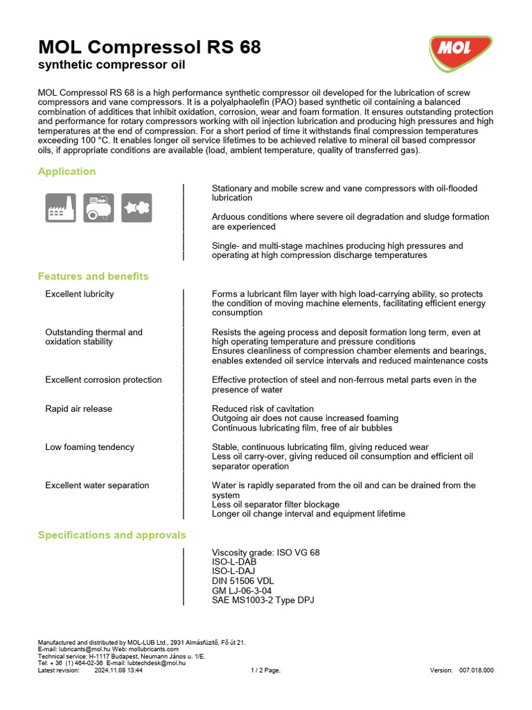 Tds - Mol Compressol Rs 68 - GB | PDF | Mechanical Engineering | Materials