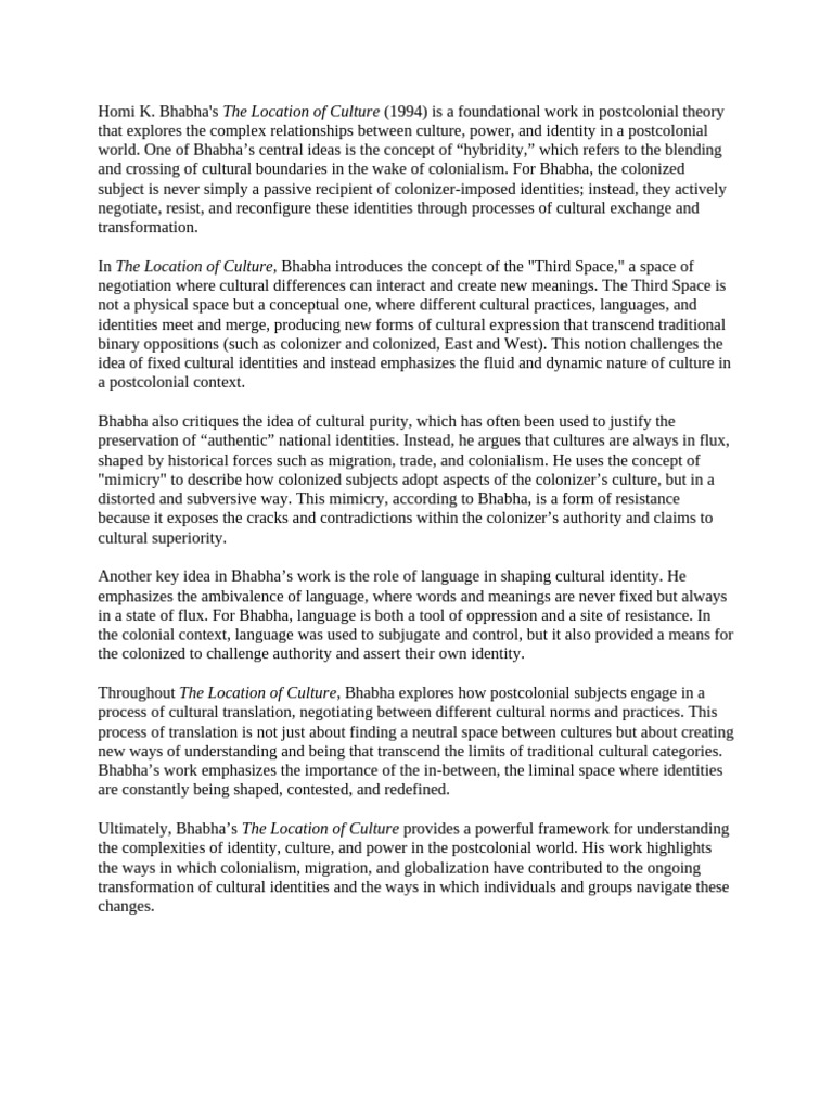 Bhabha's The Location of Culture Explained | PDF | Postcolonialism | Space