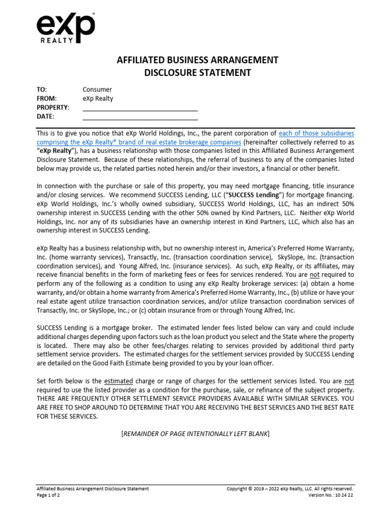 eXp Realty Affiliated Business Disclosure | PDF | Loans | Loan Origination