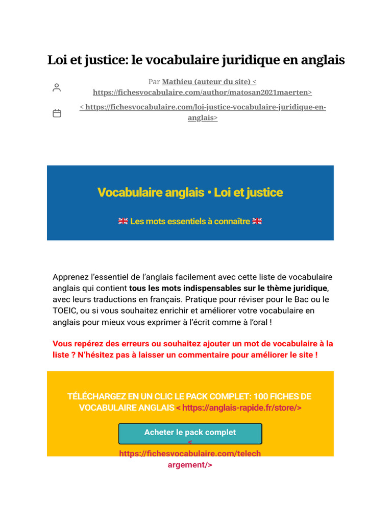 Vocabulaire juridique anglais essentiel | PDF | Crime et violence | Justice