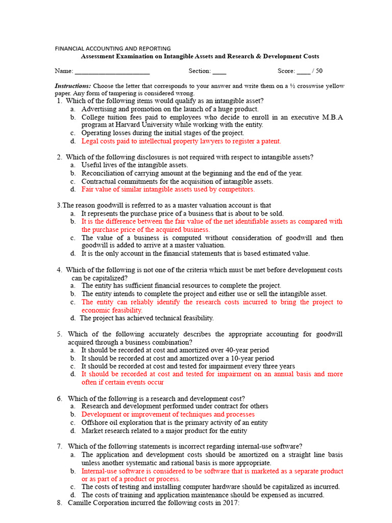 Intangible Assets Exam Questions | PDF | Goodwill (Accounting ...