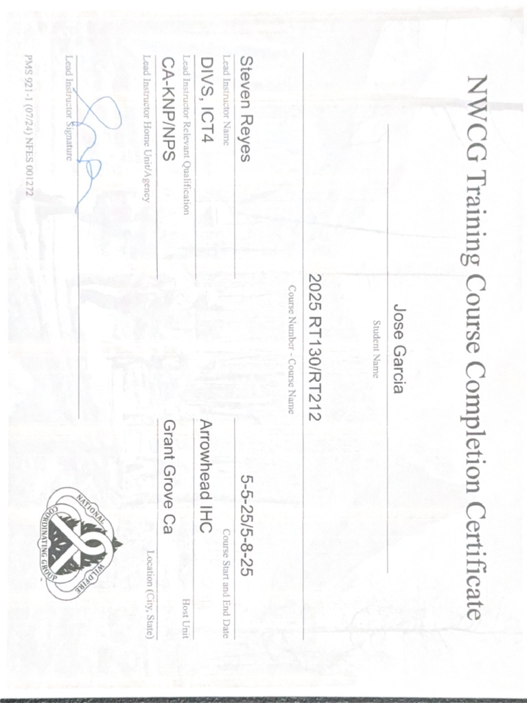 NWCG Training Course Completion Certificate | PDF