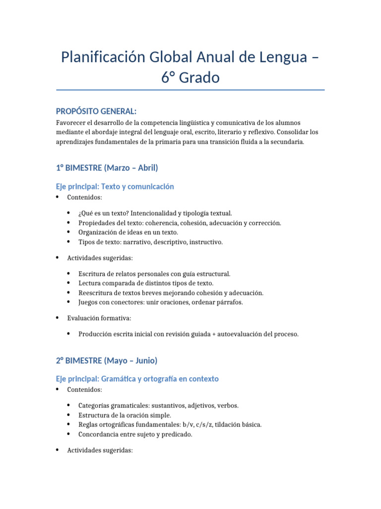 Planificación_Global_Lengua_6to | PDF | Comprensión lectora | Gramática
