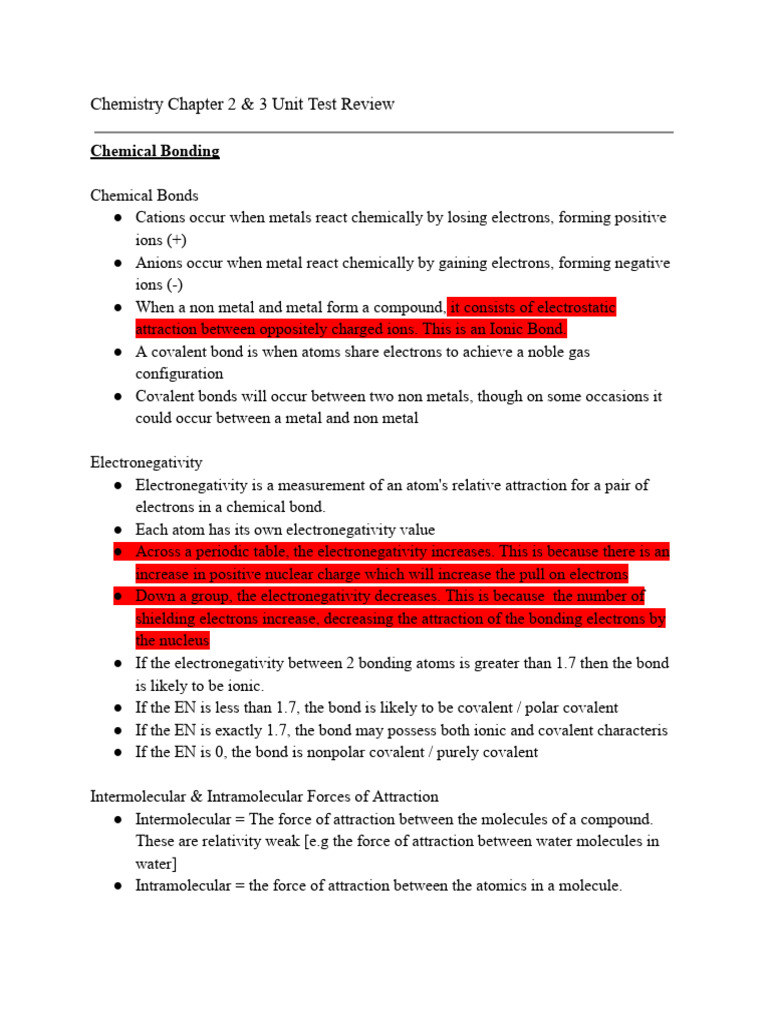 Chemistry Chapter 2 Unit Test Review | PDF | Chemical Bond | Ion