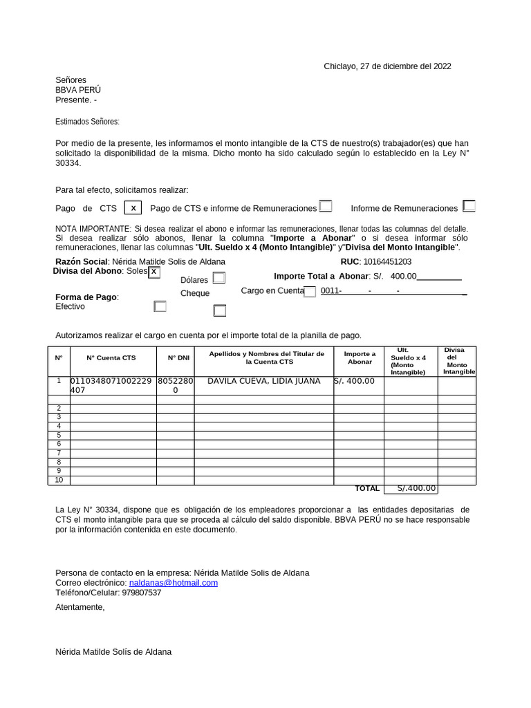 Carta Modelo para Pagos de Cts o Informar La Ultima Remuneracion x4 | PDF | Economias
