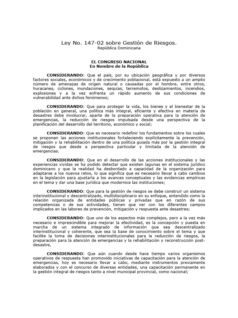 Ley 147-02: Gestión de Riesgos en RD | PDF | Defensa Civil | Ministerio ...