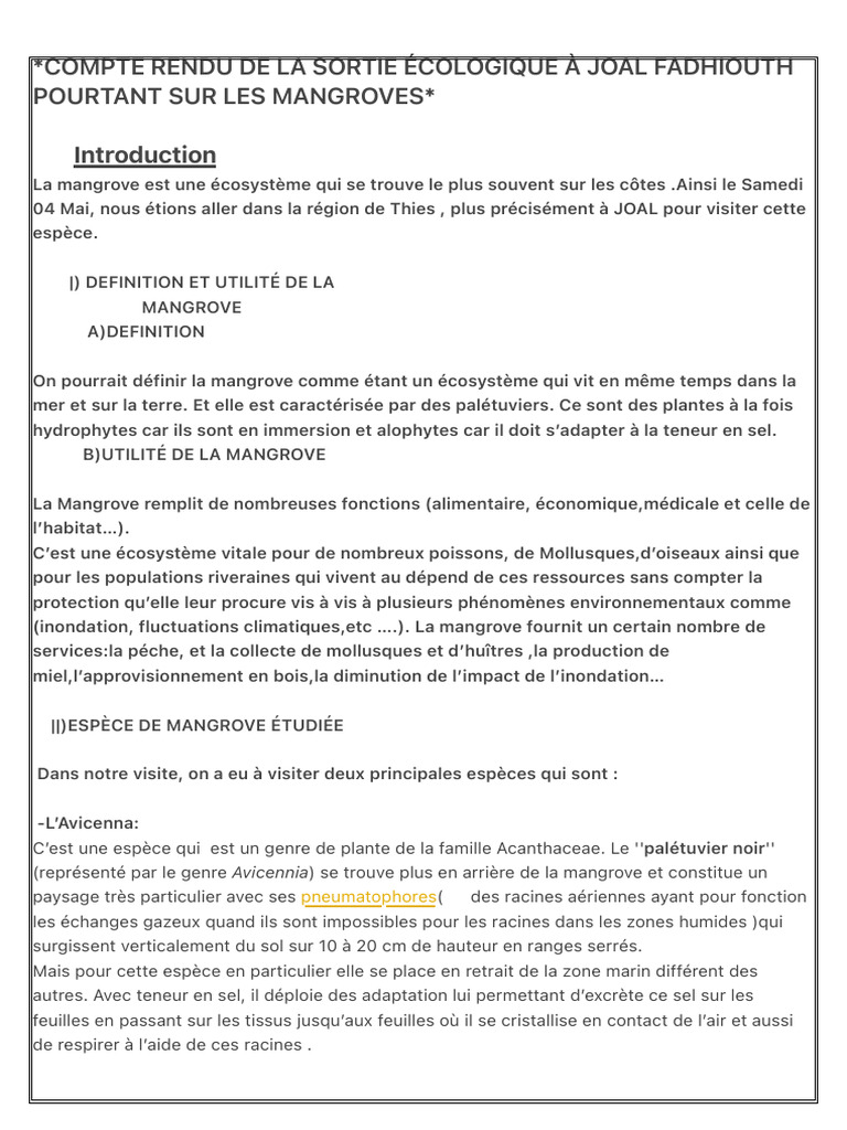 Compte Rendu Sortie Écologique Mangroves | PDF | Géographie physique ...