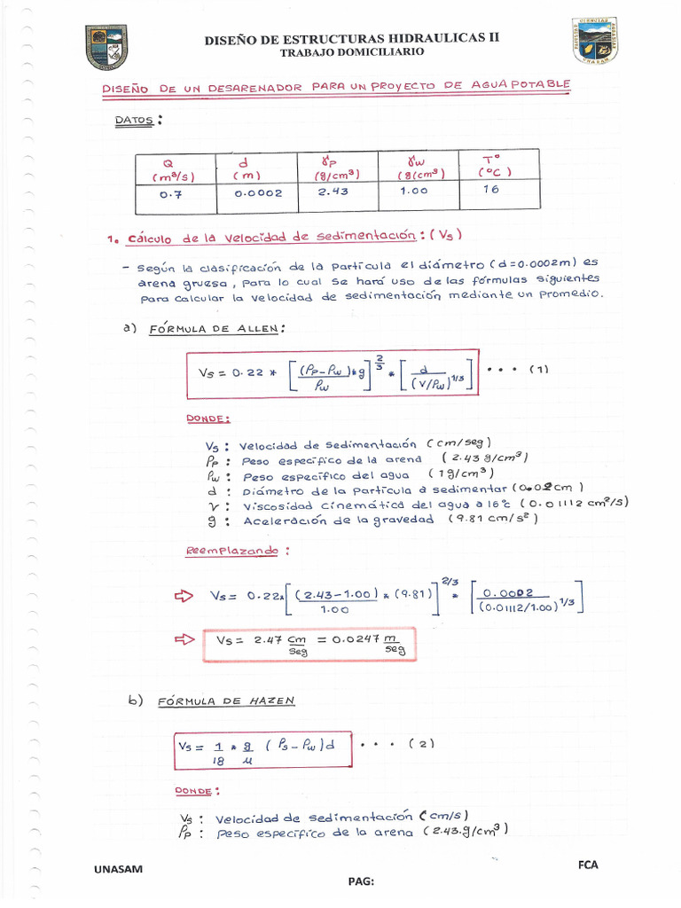 DISEÑO DESARENERADOR AP. 1 - 2016 I, Aplicacion de Formulas Par W | PDF