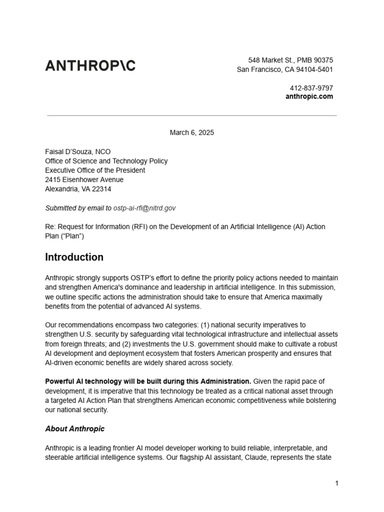 Anthropic Response To OSTP RFI (March 2025) | PDF | Computer Security | Security