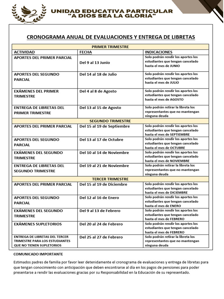 Cronograma de Evaluaciones 2025 - 2026 | PDF