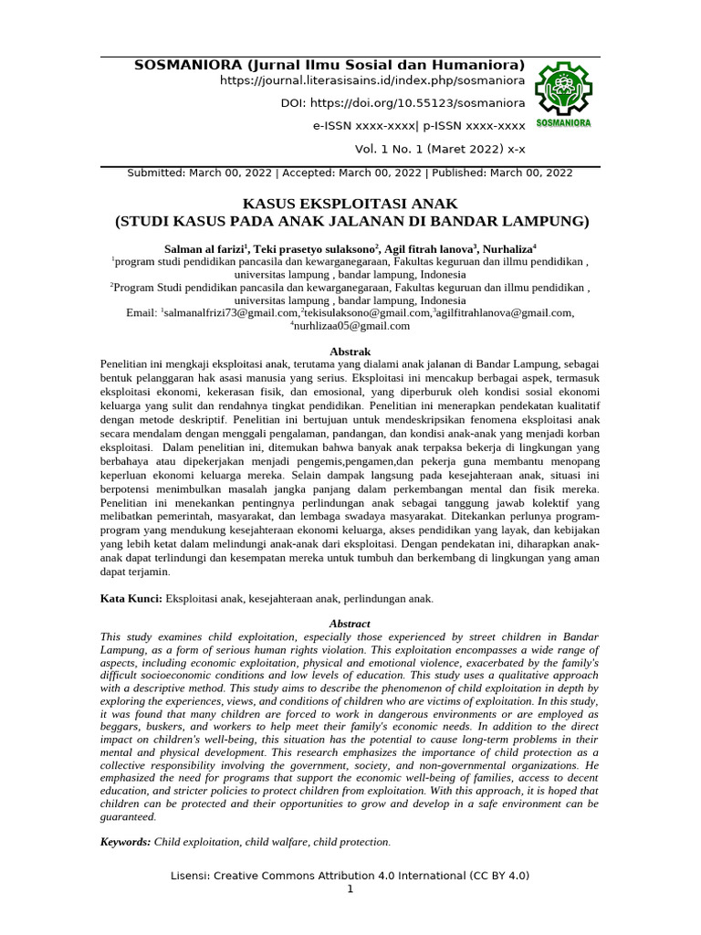 Kasus Eksploitasi Anak (Studi Kasus Pada Anak Jalanan Di Bandar Lampung) | PDF