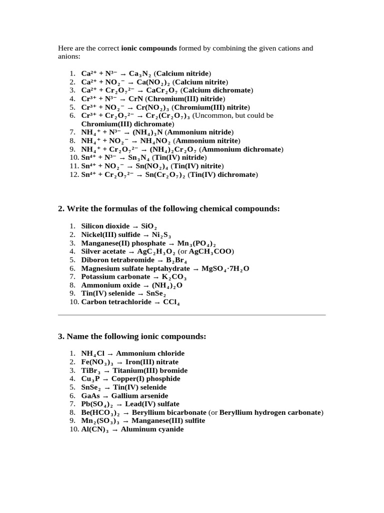 Here Are The Correct Ionic Compounds Formed by Combining The Given Cations and Anions | PDF
