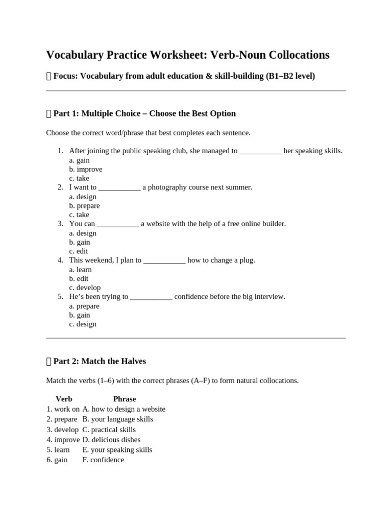 Vocabulary Practice Worksheet- Verb-Noun Collocations | PDF | Human Communication | Syntax