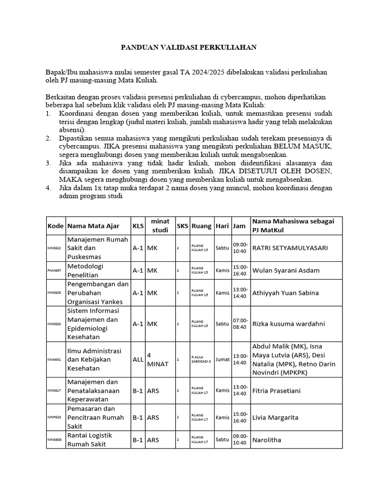 PANDUAN VALIDASI PERKULIAHAN smt 1 | PDF