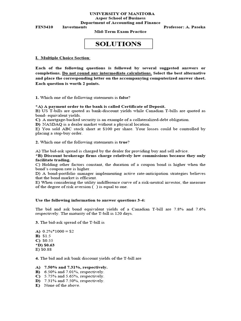 Sample Midterm Questions PDF | PDF | Bonds (Finance) | Yield (Finance)