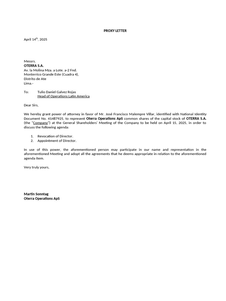 Proxy Authorization for Oterra S.A. Meeting | PDF