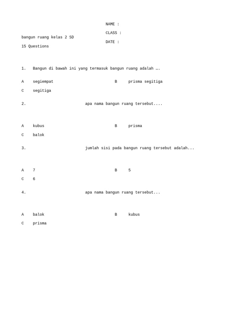 Soal Bangun Ruang Kelas 2 SD | PDF