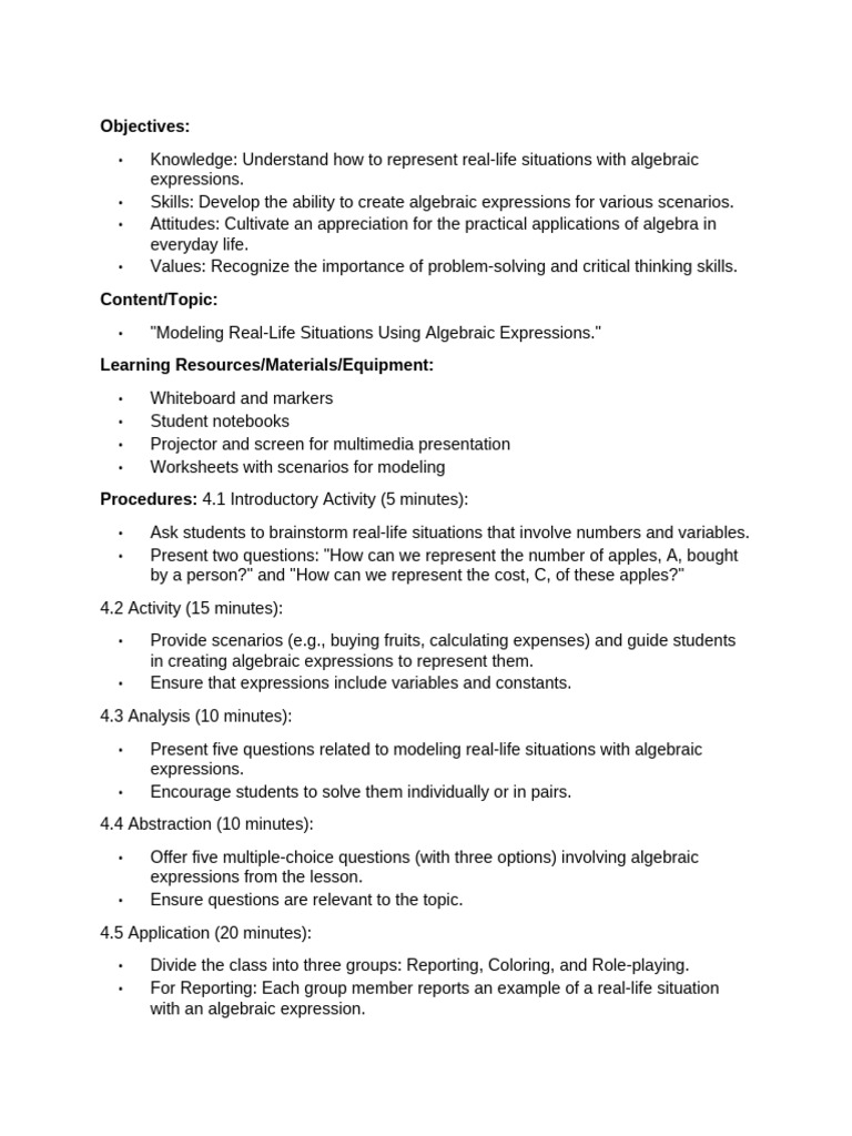 Modeling Real-Life Situations Using Algebraic Expressions | PDF ...